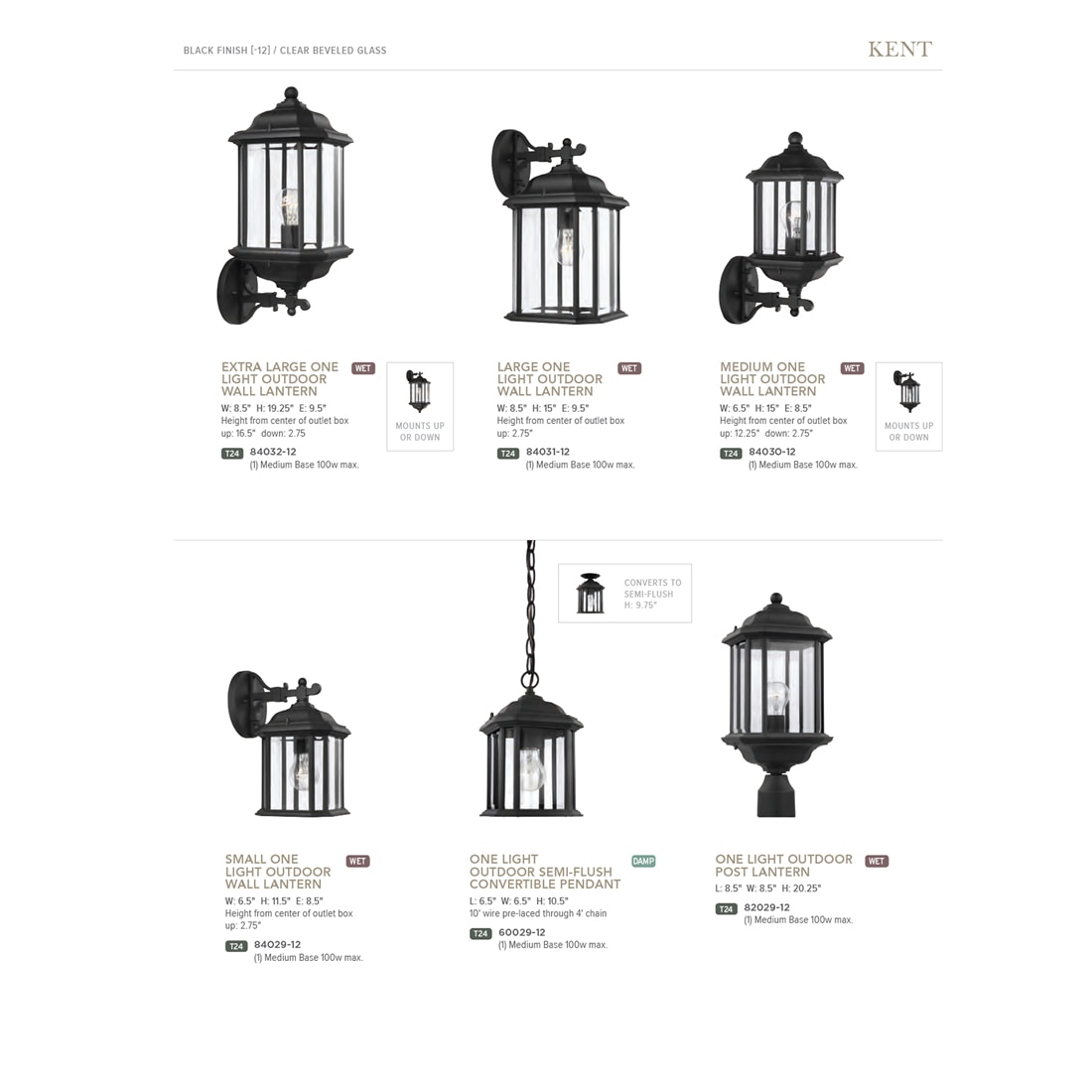 Generation Lighting Kent 1-Light Outdoor Black Semi-Flushmount Convertible Pendant 60029-12 ...